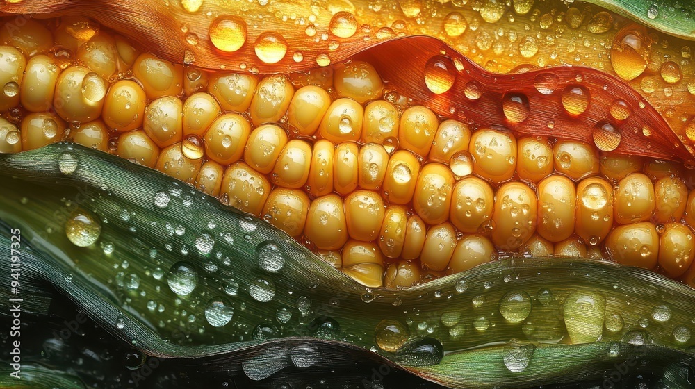 hyperrealistic closeup of corn kernels dew drops glistening on silk ...