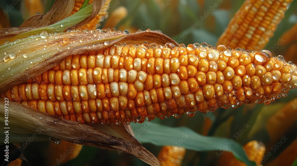 hyperrealistic closeup of corn kernels dew drops glistening on silk ...