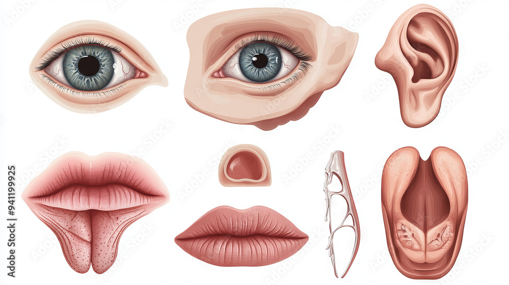 A set of realistic human sensory organs, including the eye, ear, nose ...