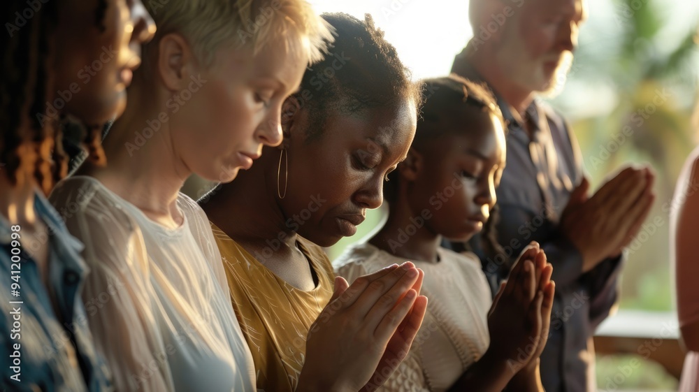 Diverse group of people praying together with closed eyes ...