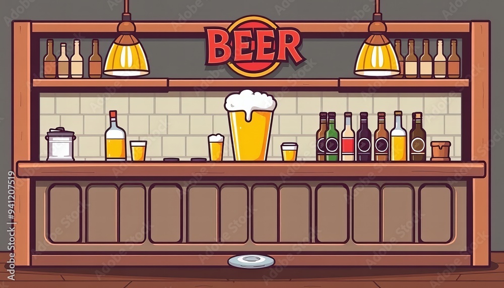 cartoon illustration of a bar with beer and bottles on shelves. Stock ...