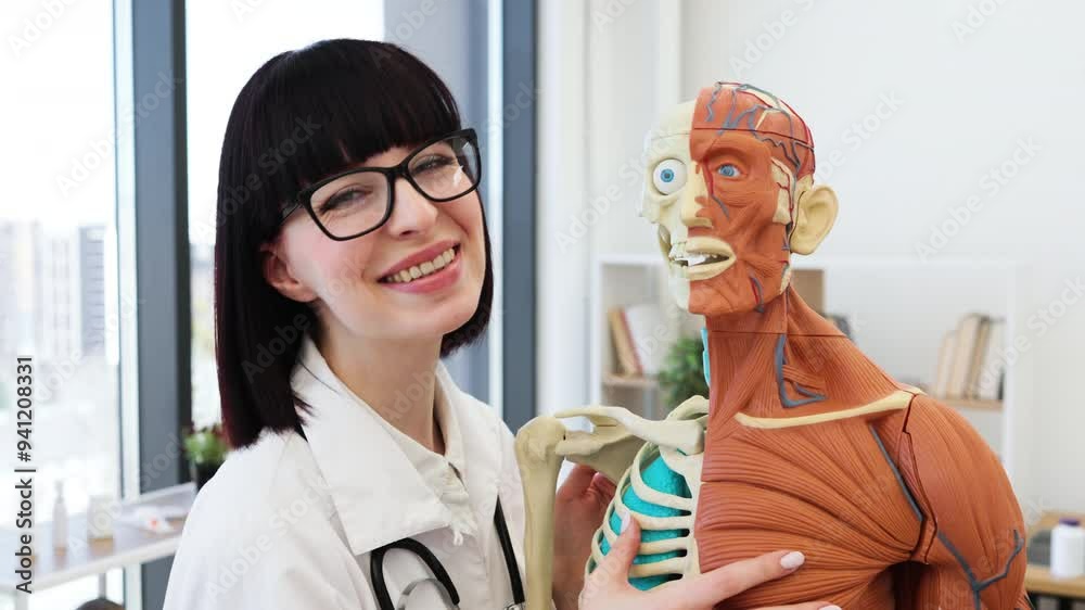 Medical student in white lab coat examining detailed anatomical ...