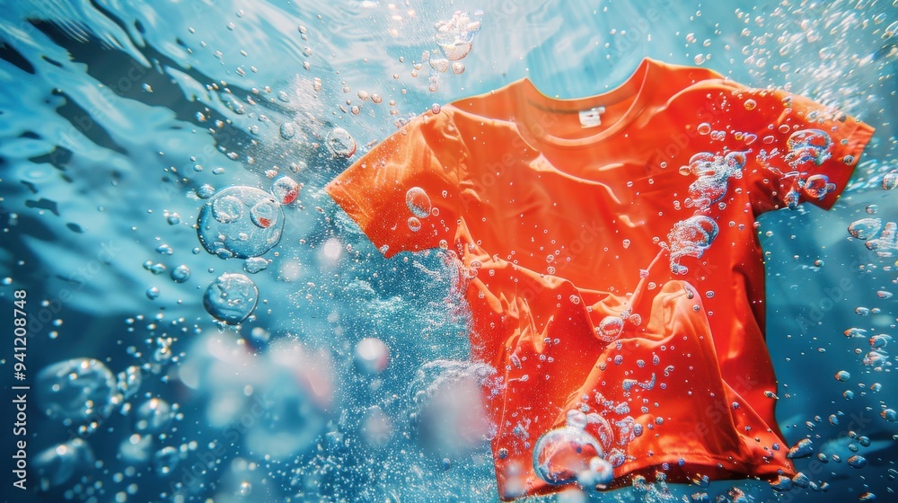 Bright orange shirt submerged in water with bubbles, showcasing vibrant ...