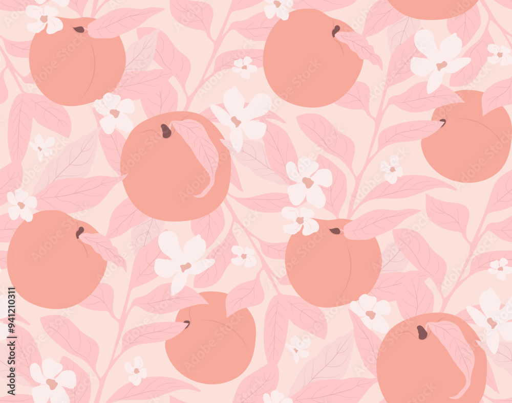 Seamless peach summer pattern with fruits leaves and flowers on pink ...