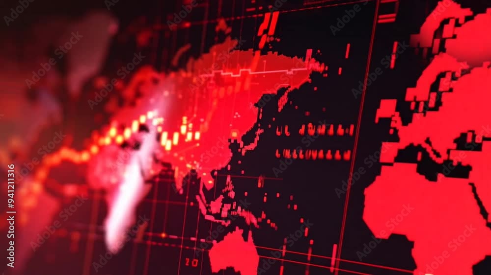 World map with glowing red data points and network connections. Digital ...