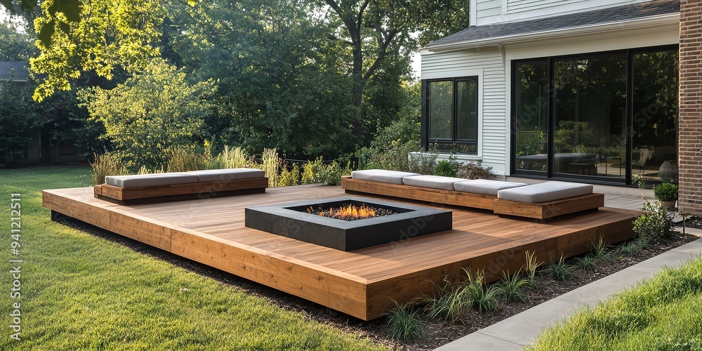 minimalist entertainment deck on a suburban home, with a recessed fire ...