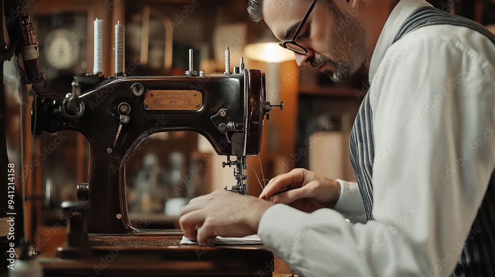 Vintage sewing machine, man sews on a vintage sewing machine, retro ...