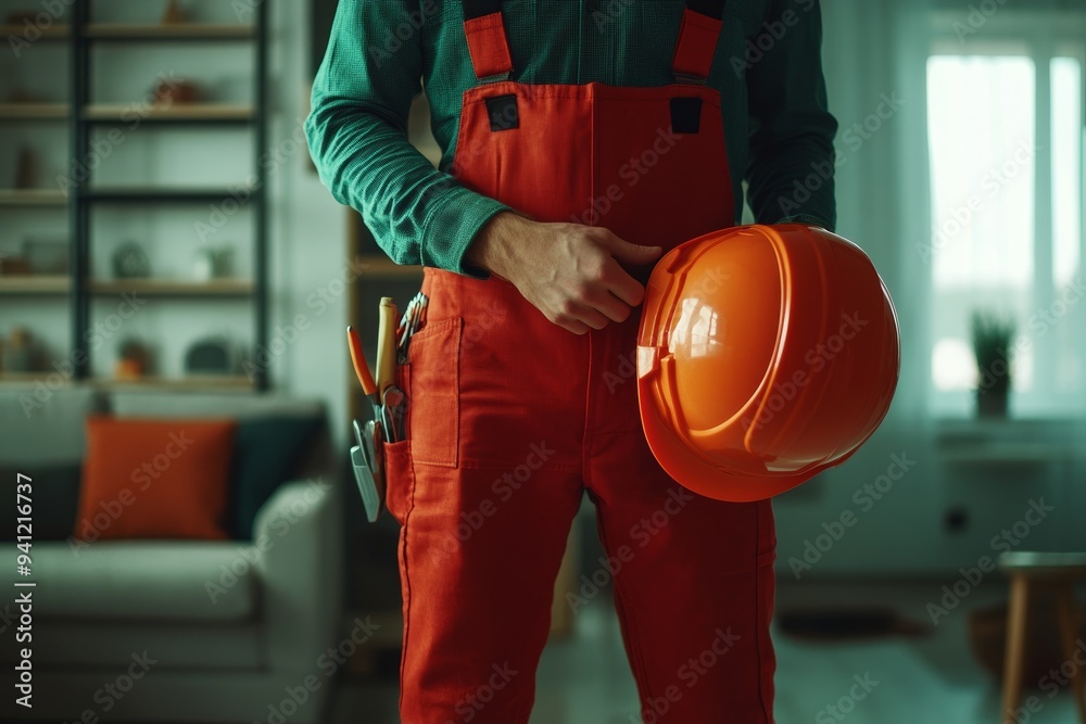 Worker in red overalls and orange helmet holding hard hat in modern ...