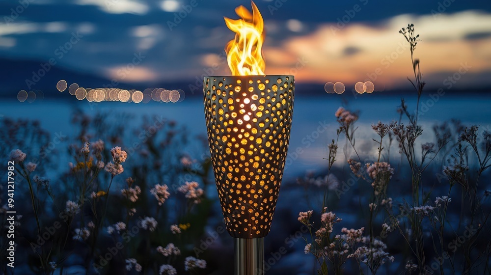 majestic olympic torch with brilliant flame against night sky iconic ...