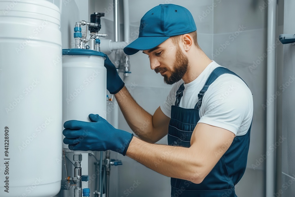 Plumber in a utility room, replacing a water filter system, with tools ...