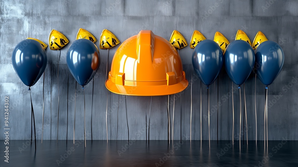 Vivid blue balloons with orange hard hat floating in center, soft ...
