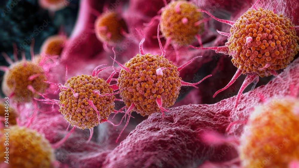 A detailed image of lung cancer cells forming clusters as they prepare ...