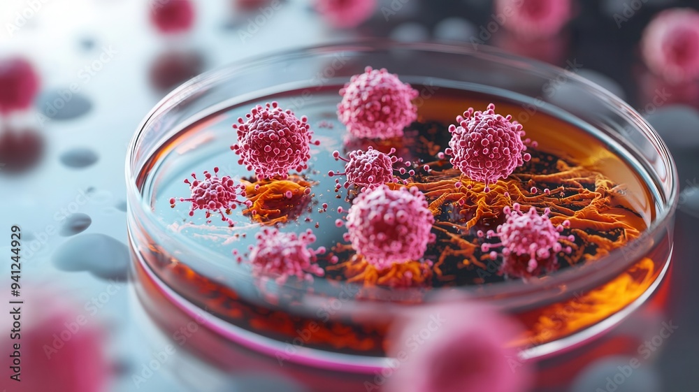 Lung cancer cells in a Petri dish, with metastasis marked by cells ...