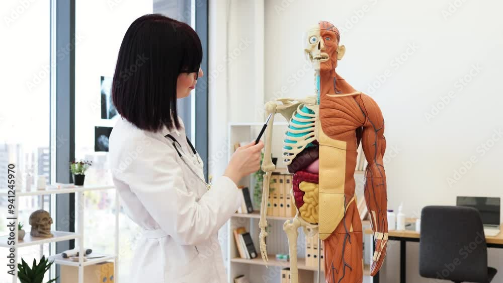 Female doctor in lab coat explaining human anatomy using medical ...