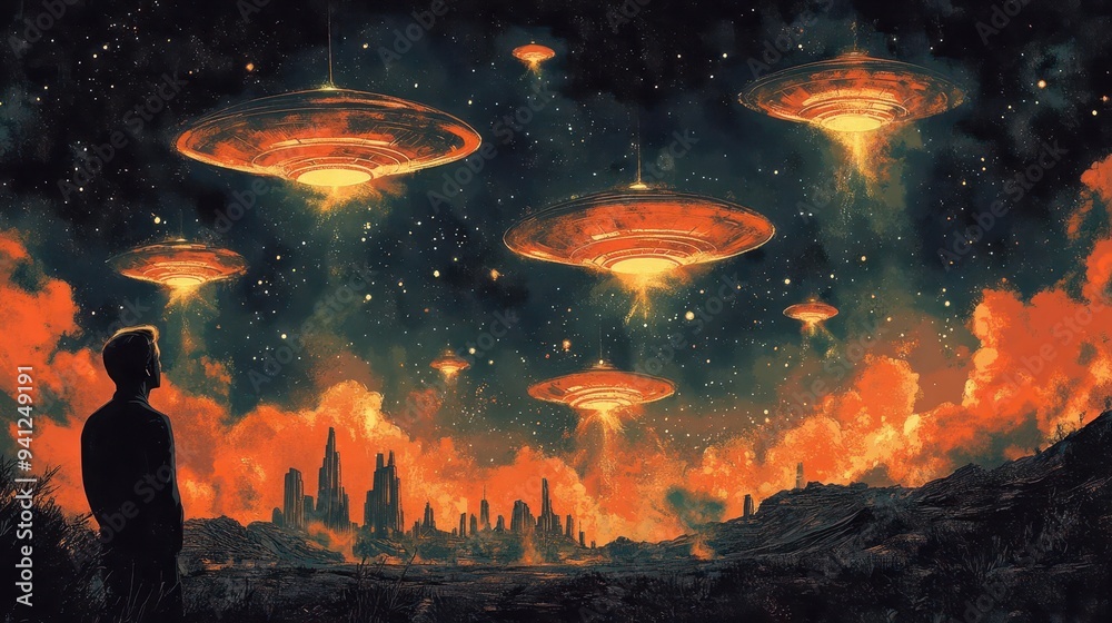 retro scifi scene silhouette of a man gazing at multiple ufos in a ...