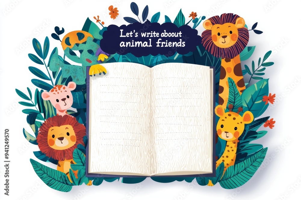 Zoo animals learning to read and write at school. Library or classroom ...