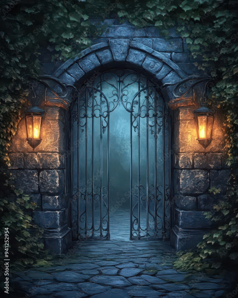 Gothic crypt entrance with iron gates, overgrown with dark ivy and ...