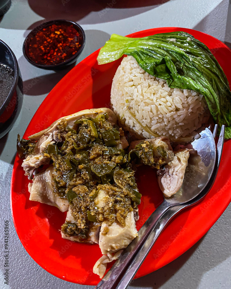 Hainanese Rice with roasted chicken slices and green bok choy garnish ...