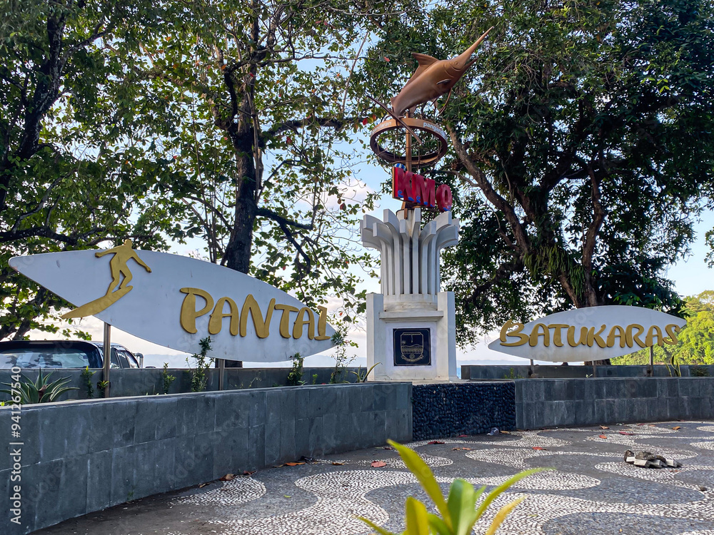 Pangandaran, Indonesia - July 10, 2024: Batukaras Beach nameplate with ...