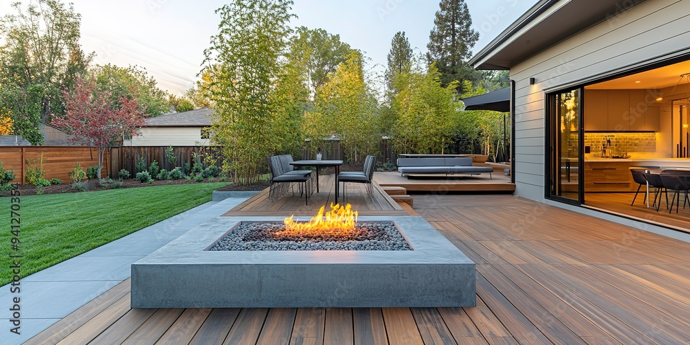 minimalist entertainment deck on a suburban home, with a recessed fire ...