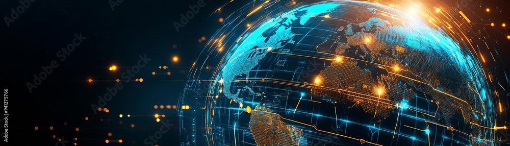 International freight forwarding, holographic globe with cargo routes ...