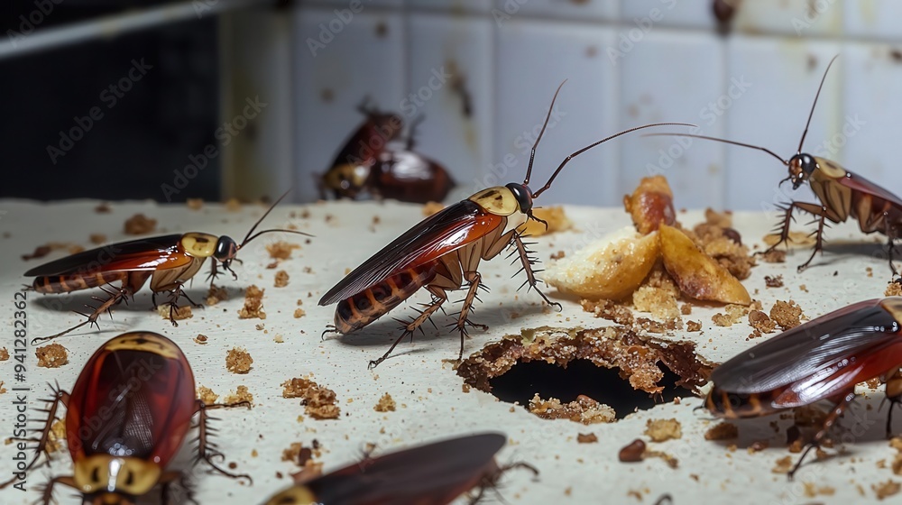 A kitchen scene with cockroaches emerging from cracks, drawn to crumbs ...