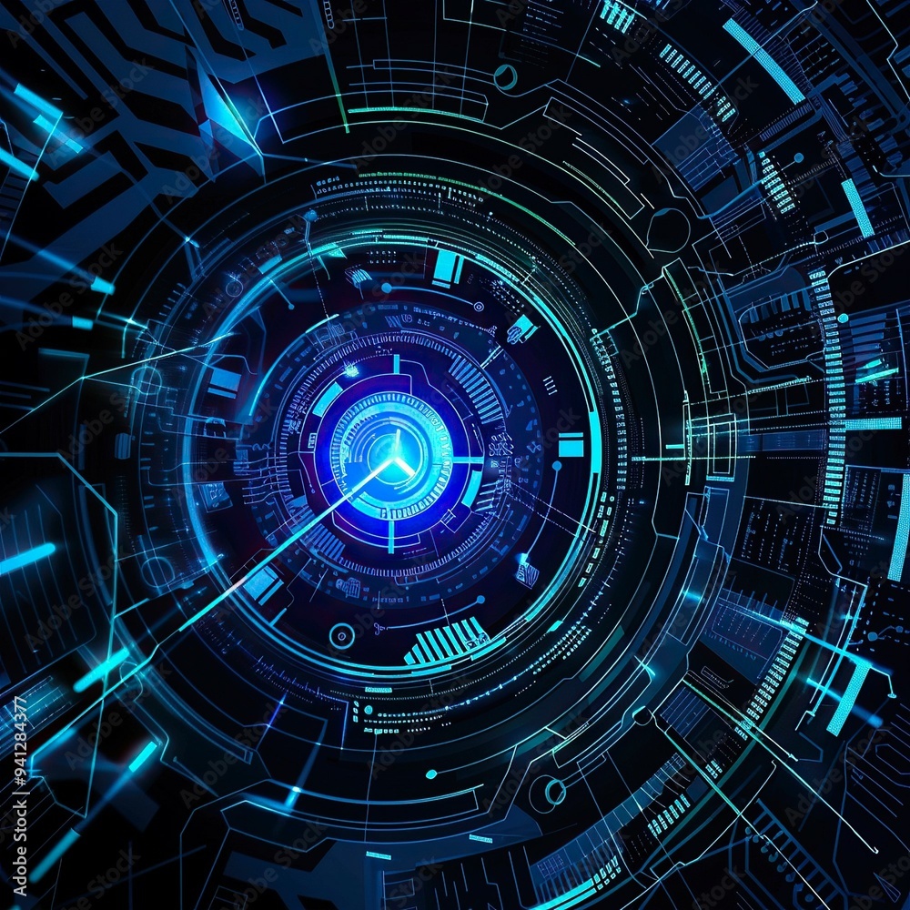 Technology backdrop Hi-tech design, futuristic interface with central ...