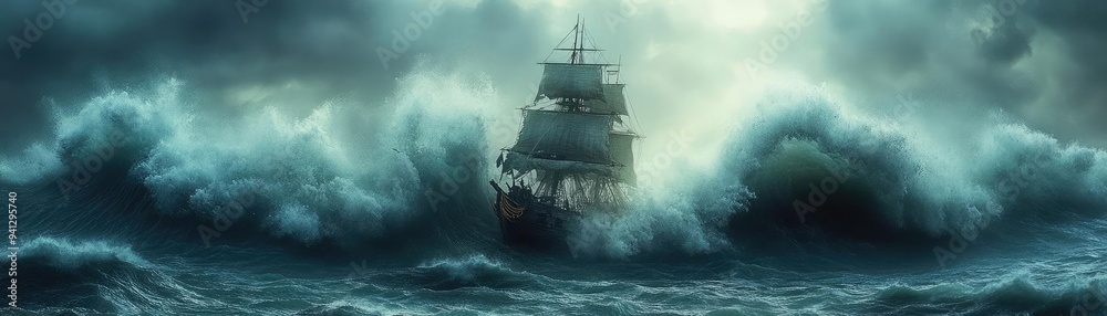 Stormy sea with a pirate ship battling giant waves, dramatic weather ...