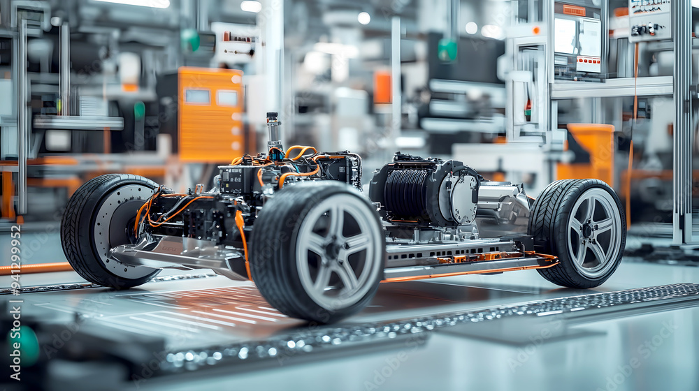 Cutaway An exploded view of the electric vehicle chassis on a factory ...