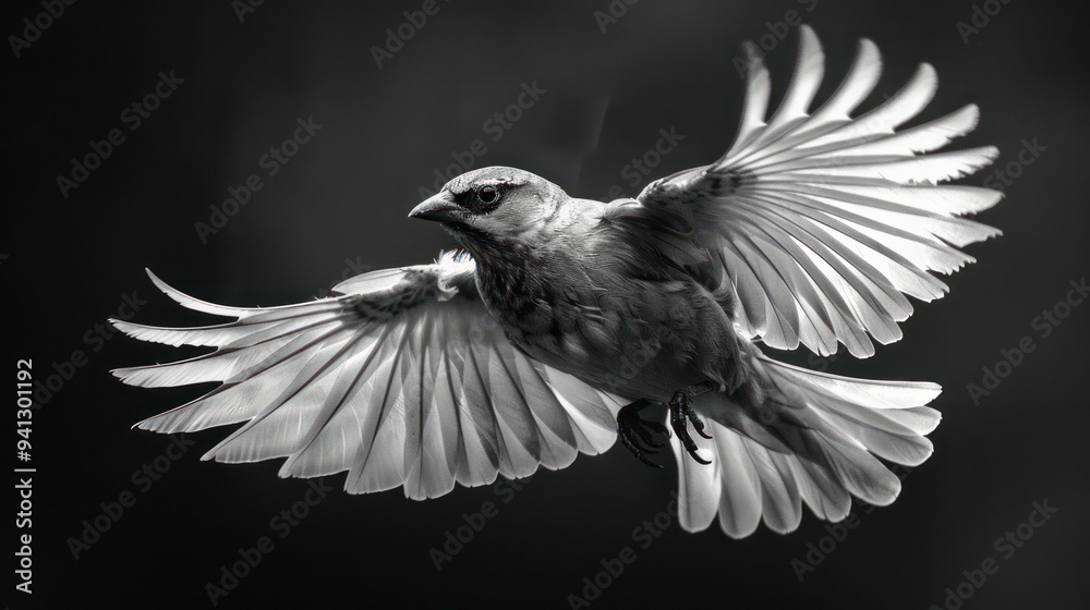 Bird in flight captured in high contrast black and white, showcasing ...