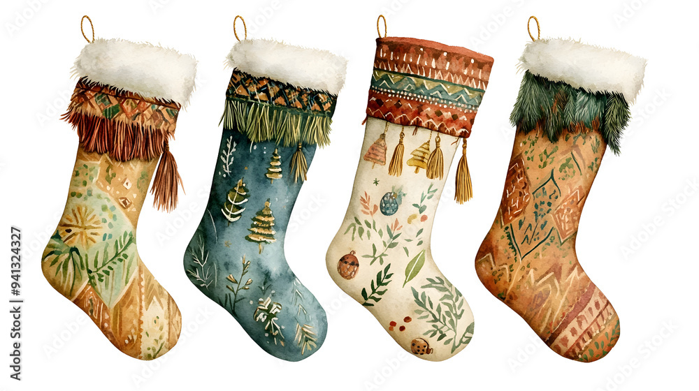 A set of four festive Christmas stockings, each with unique, hand ...