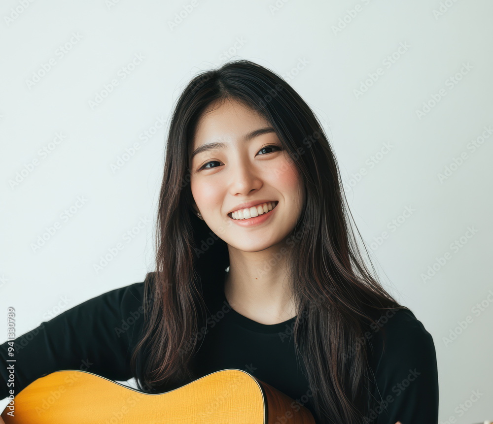 an Asian woman in a black t-shirt, smiling while playing the guitar ...