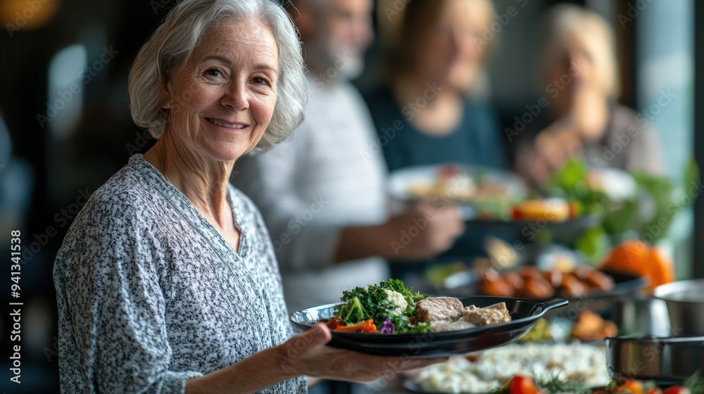 Baby Boomers enjoying a potluck dinner, each bringing a dish, showing ...