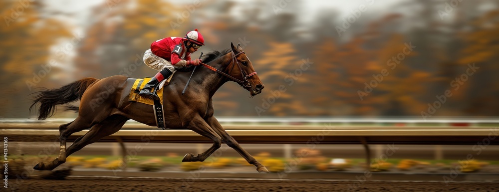 Jockey in red races towards victory, autumn leaves blurring behind ...