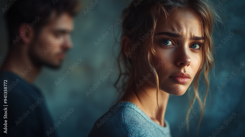 A woman with a sorrowful expression in focus while a blurred man stands ...