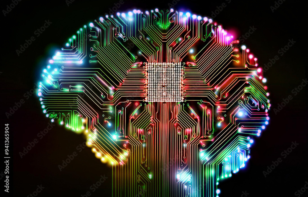 brain and face profile formed by a circuit of electronic chips that ...