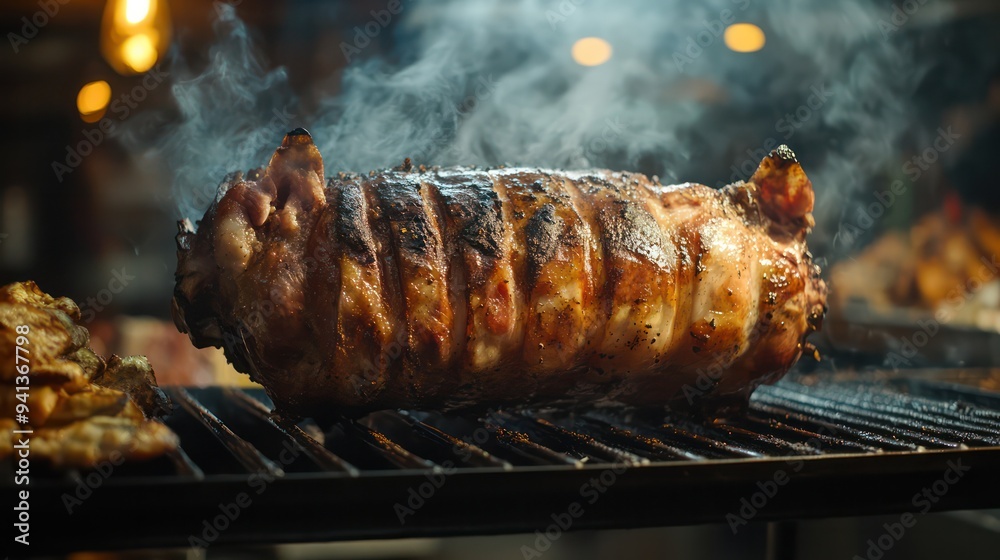 The slow-smoking process of a whole pig, carefully turning on a spit ...