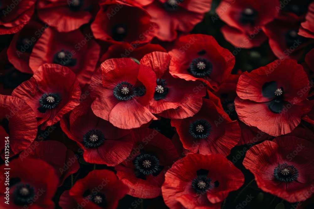 A vibrant display of dark red poppies covers the ground, serving as a ...