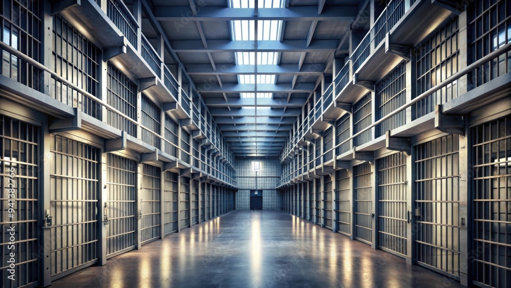 Rows of prison cells in a dimly lit prison interior , prison, cells ...