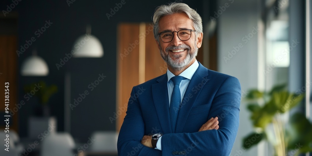 Confident Middle-Aged CEO: Smiling Business Leader in Blue Suit with ...