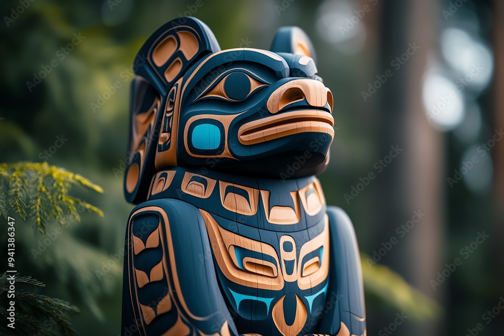 A bear totem pole carved from wood, standing tall in a misty forest ...