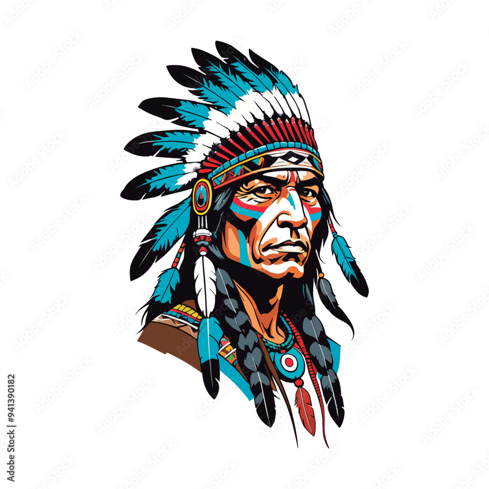 Vibrant illustration of a red indian male. Red indian man in draw with ...