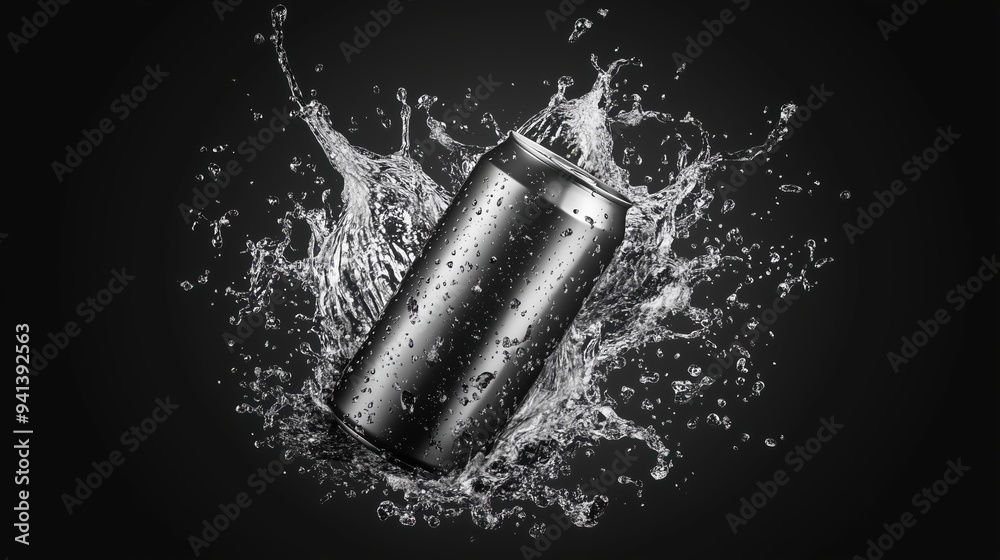 Dynamic black and white image of an energy drink can with dramatic ...