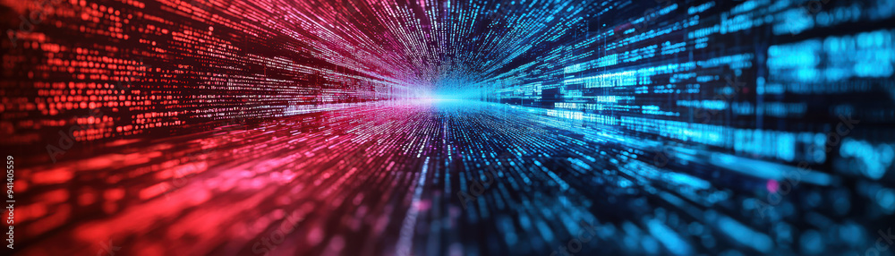 Abstract image of red and blue digital data streams converging to a ...