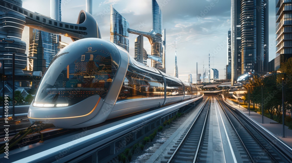 Depict a passenger train with a sleek, futuristic design traveling ...