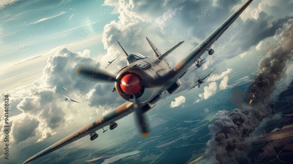 Depict a propeller plane in a dogfight maneuver during a World War II ...
