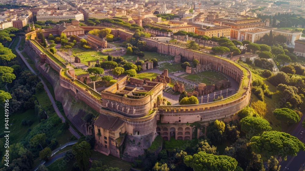 Highlight the ancient Aurelian Walls surrounding Rome, seen from above ...