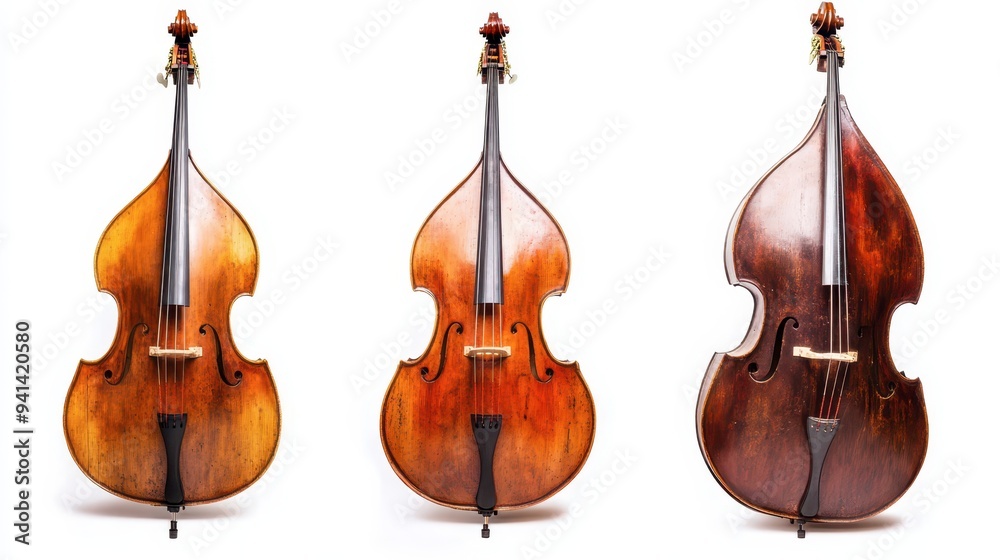 Three upright basses displayed side by side in a studio setting Stock ...