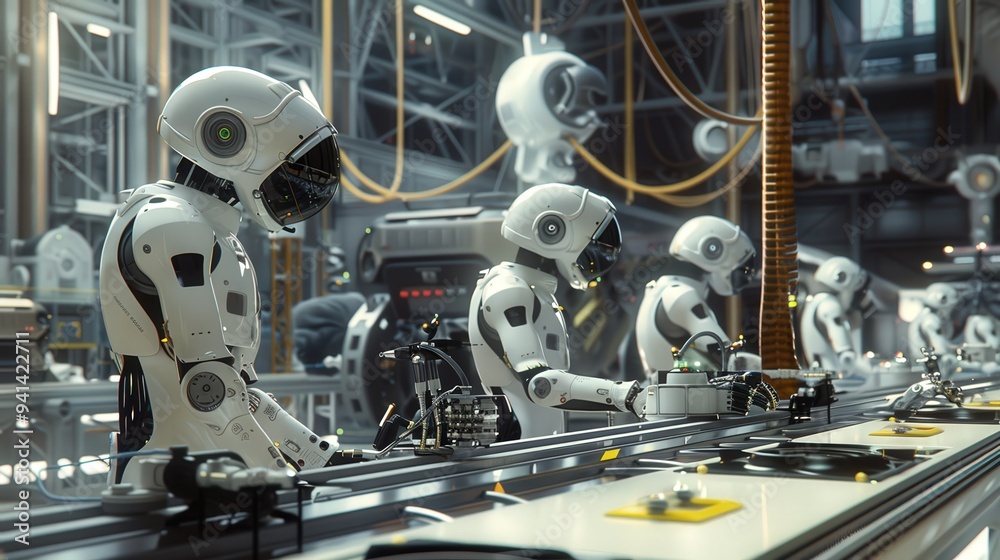 Highlight the futuristic automation in a space exploration facility ...