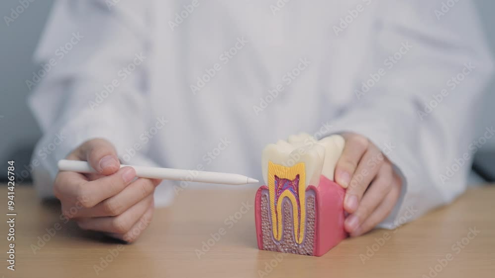 Dentist with tooth Anatomy model. Oral Teeth decay and disease, Scrape ...